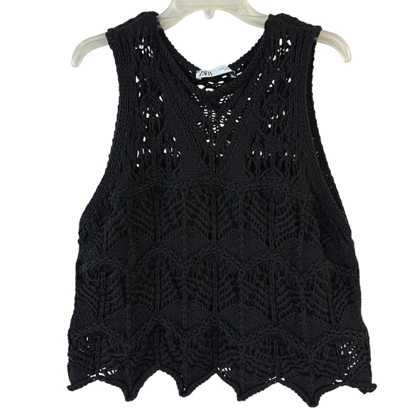 Zara | Tops | Zara Black Crochet Knit Tank Top Scalloped Hem Boho ...